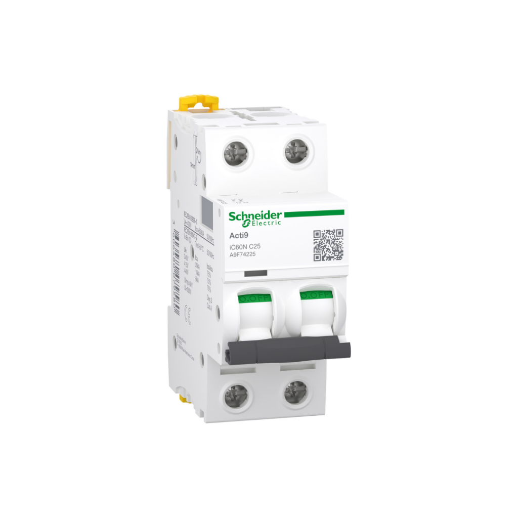 Interruptor termomagnético ACTI9, iC60N, 2P, 25A, Curva C. IEC/EN 60898-1, IEC60947-2. Montaje ...